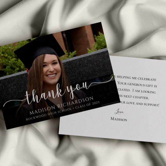 Simple Modern Script Graduation Photo Thank You Card | Zazzle
