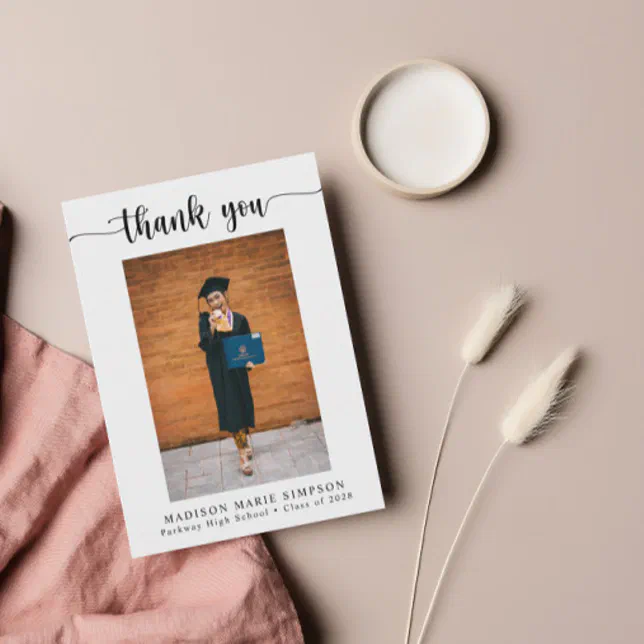 Simple Modern Script Graduation Photo Thank You Card | Zazzle