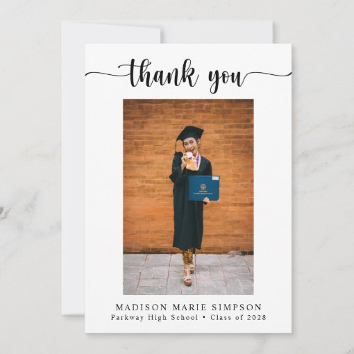 Simple Modern Script Graduation Photo Thank You Card | Zazzle