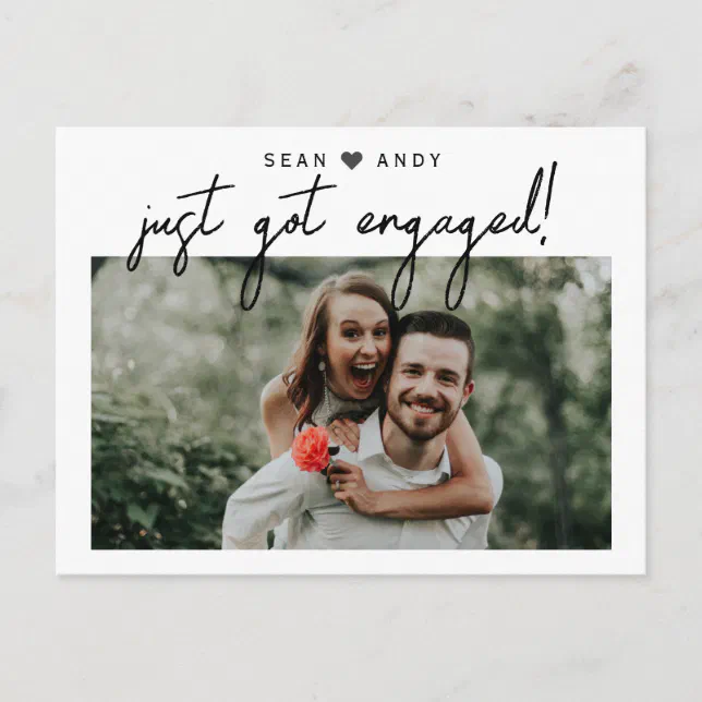 Simple Modern Script Just Got Engaged Photo Announcement Postcard | Zazzle