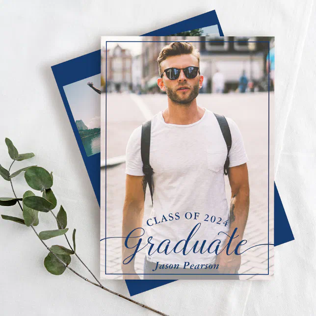 Simple Modern Script Navy Blue Graduation 3 Photo Invitation | Zazzle