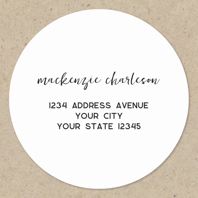 Simple Modern Script Personalized Name Address Classic Round Sticker ...