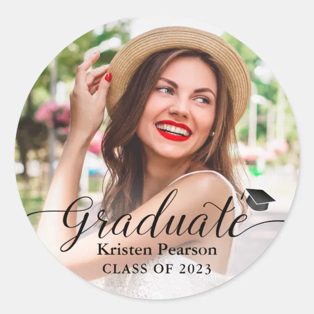 Simple Modern Script Photo Graduation Classic Round Sticker | Zazzle