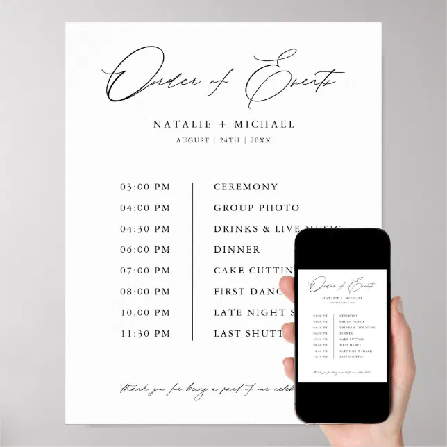 Simple Modern Script Wedding Order of Events Sign | Zazzle
