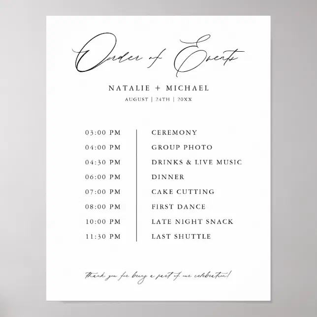 Simple Modern Script Wedding Order of Events Sign | Zazzle