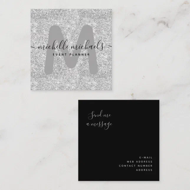 Simple Modern Silver Glitter Black Square Business Card | Zazzle