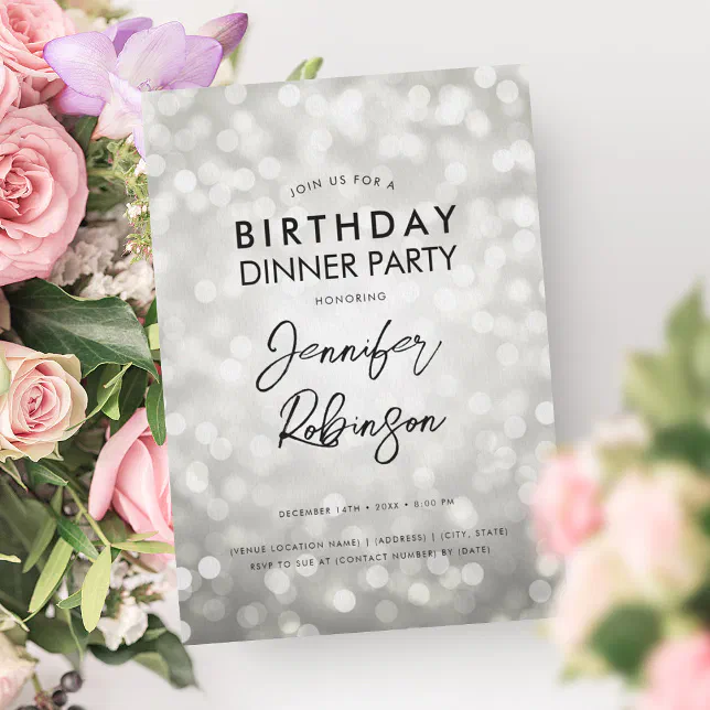 Simple Modern Silver Lights Birthday Dinner Party Invitation | Zazzle