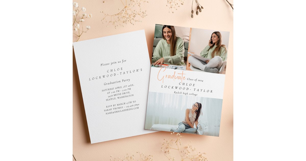Simple modern three photo peach graduation invitation | Zazzle