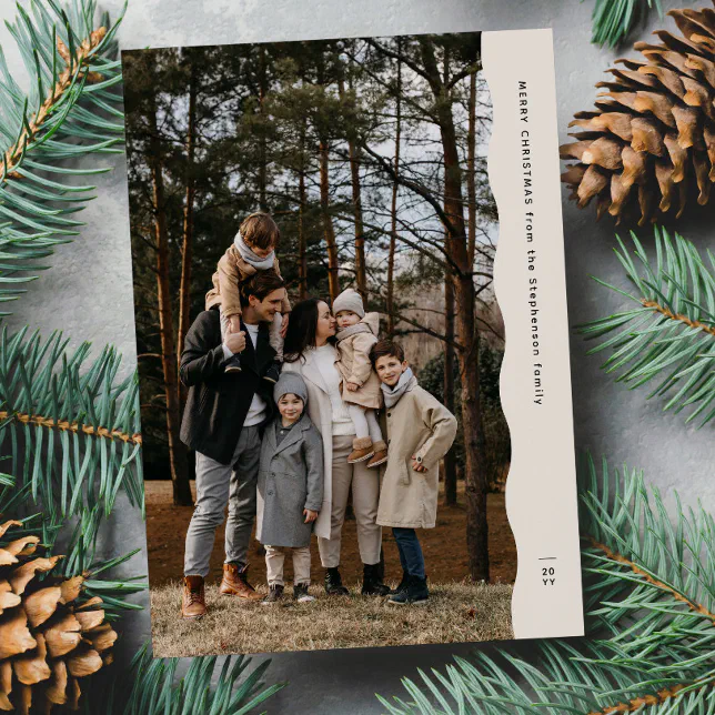 Simple modern two-photo wavy edge Christmas Holiday Card | Zazzle