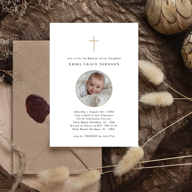 Simple Modern Typography Catholic Baptism Gold Invitation | Zazzle