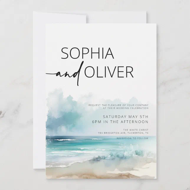 Simple Modern Watercolor Seaside Coastal Wedding Invitation | Zazzle
