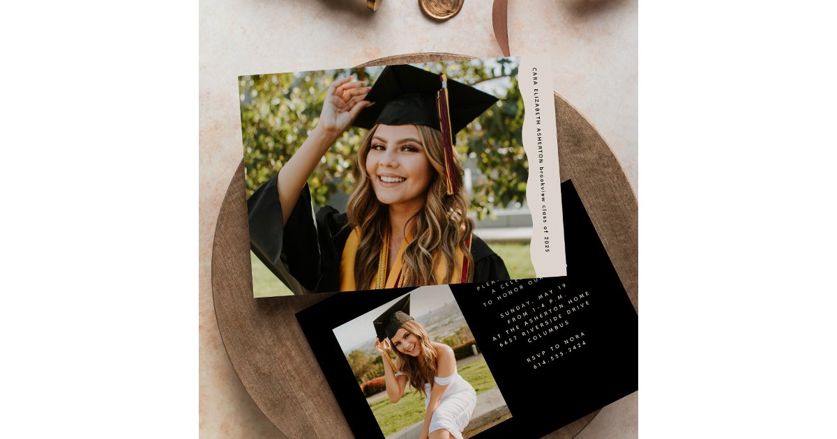 Simple modern wavy edge two photo graduation announcement | Zazzle