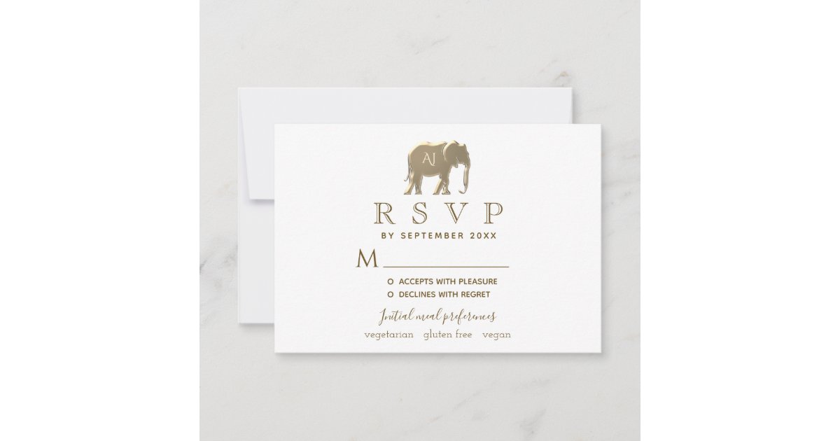 Simple Modern White & Gold Foil Elephant Wedding RSVP Card | Zazzle