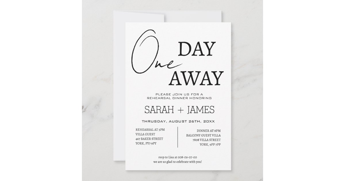 Simple Modern White One Day Away Rehearsal Dinner Invitation | Zazzle