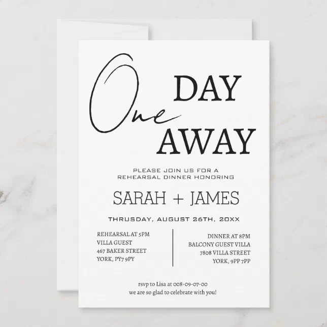 Simple Modern White One Day Away Rehearsal Dinner Invitation | Zazzle