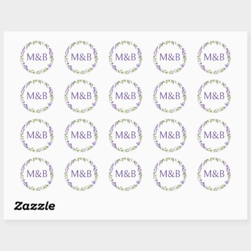 Simple Monogram Elegant Purple Floral Wedding Classic Round Sticker ...
