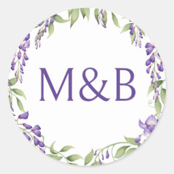 Simple Monogram Elegant Purple Floral Wedding Classic Round Sticker ...