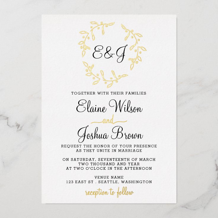 Simple Monogram Foil Wreath Wedding Foil Invitation | Zazzle