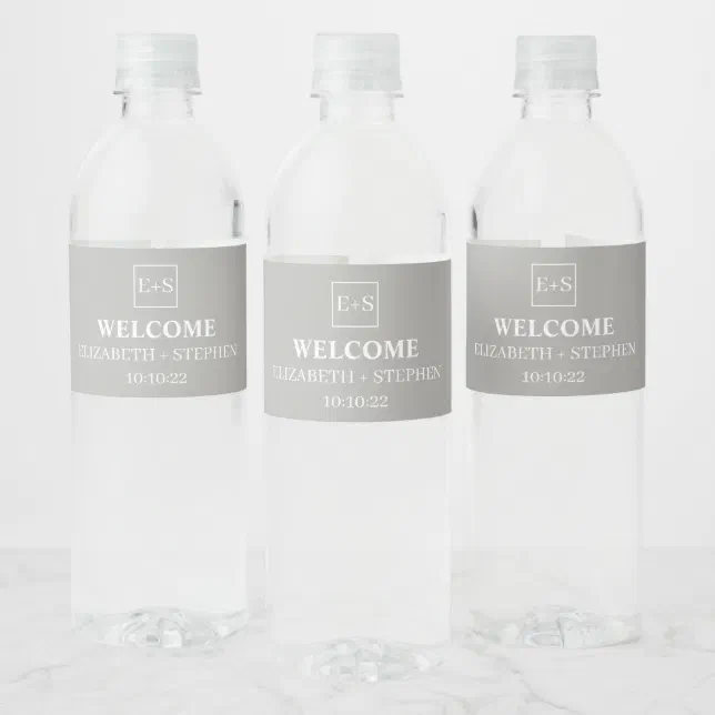 Simple Monogram Grey and White Wedding Water Bottle Label | Zazzle