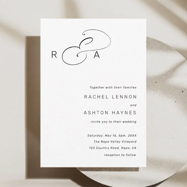 Simple Monogram Minimalist Wedding Black & White Invitation | Zazzle