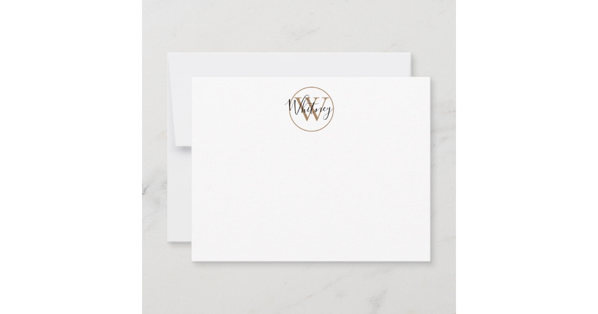 Simple Monogram Script Name Black Gold Note Card | Zazzle