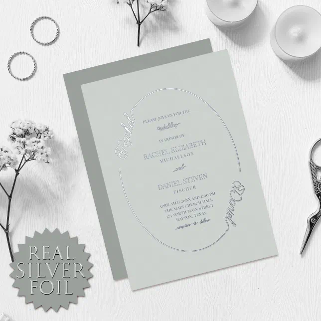 Simple Moss Green Name Oval Border Wedding Real Foil Invitation | Zazzle