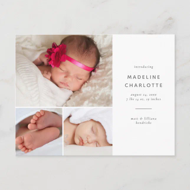 Simple Multi-Photo Birth Announcement Postcard | Zazzle