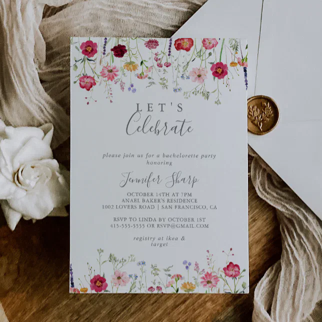 Simple Multicolor Wildflower Let's Celebrate Party Invitation | Zazzle
