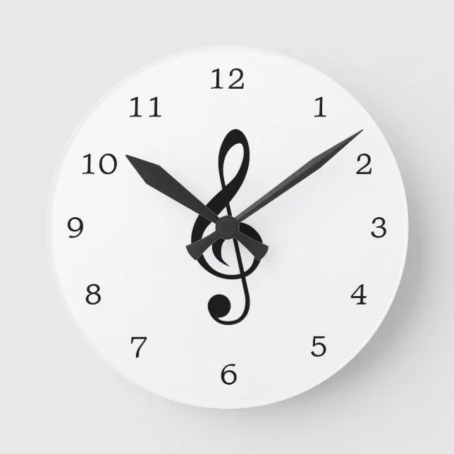 Simple Music Note Black and White Treble Clef Round Clock | Zazzle