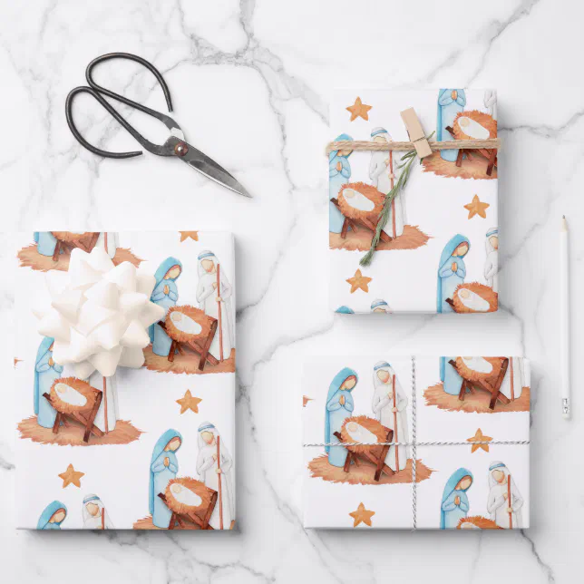 Simple Nativity Scene Mary Joseph Jesus Christmas Wrapping Paper Sheets ...