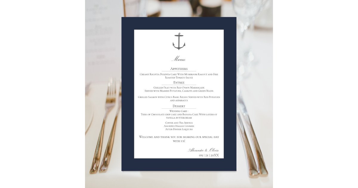 Simple Nautical Anchor Wedding | Navy Blue Menu | Zazzle