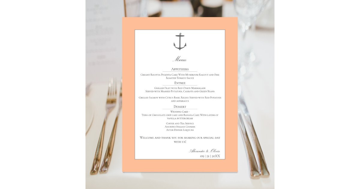 Simple Nautical Anchor Wedding | Peach Menu | Zazzle