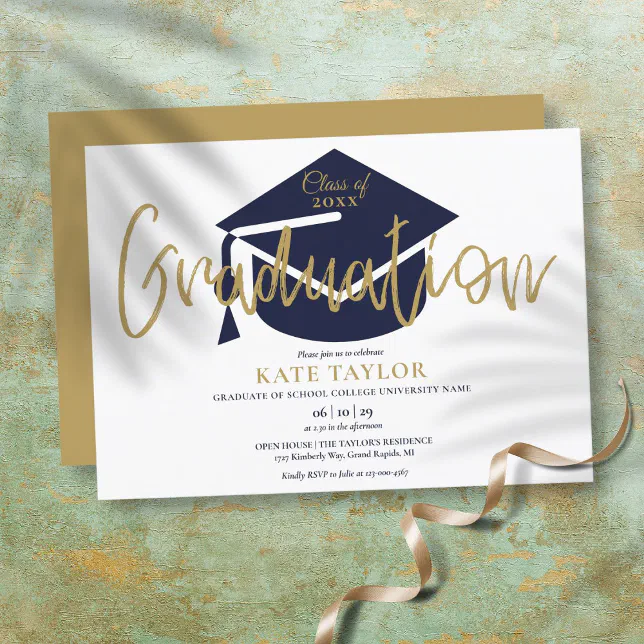 Simple Navy Blue And Gold Script Graduation Party Invitation | Zazzle