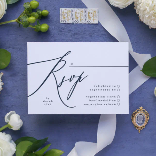 Simple Navy Blue and White Modern Calligraphy RSVP Card | Zazzle