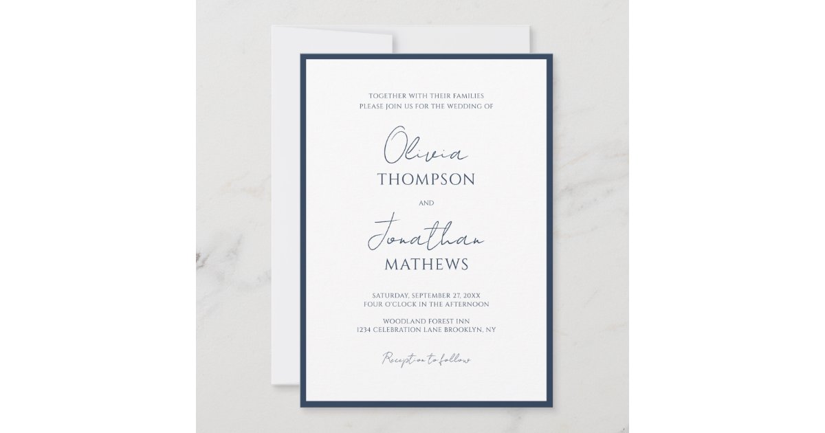 Simple Navy Blue Border Script Wedding Invitation | Zazzle