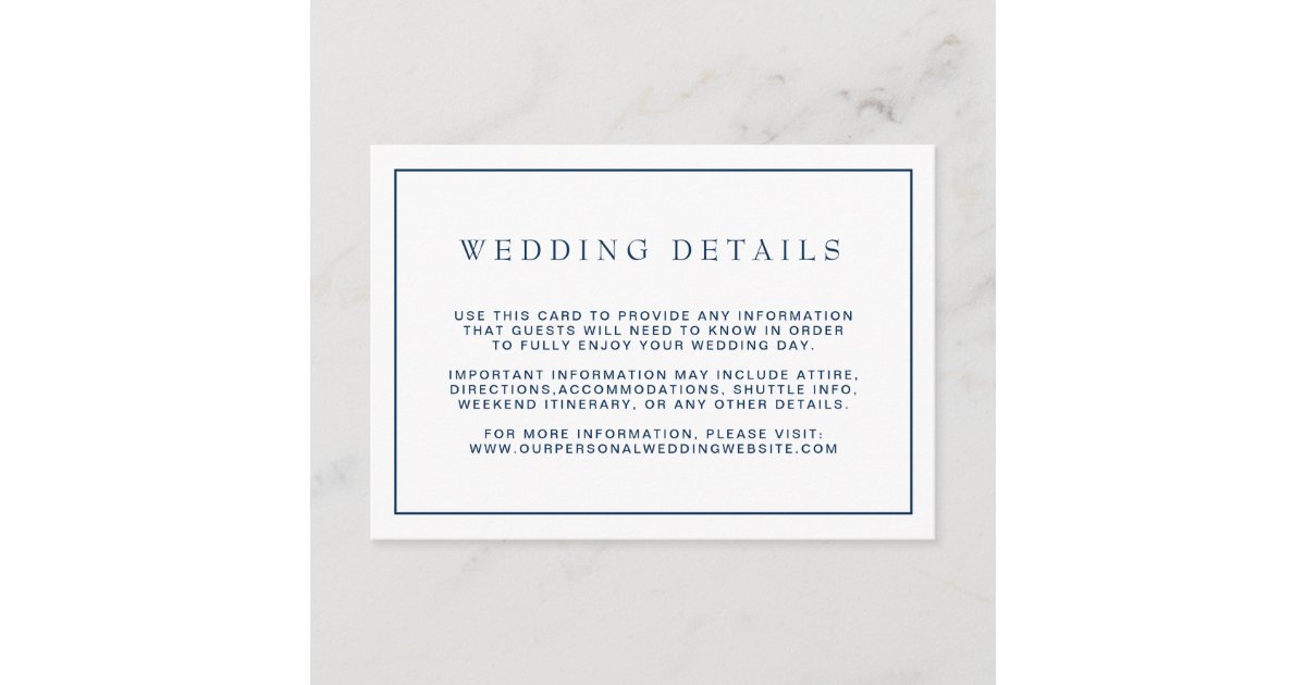 Simple Navy Blue Border Wedding Details Enclosure Card | Zazzle