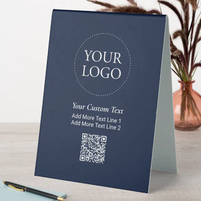 Simple Navy Blue Custom Business Logo QR Code Table Tent | Zazzle