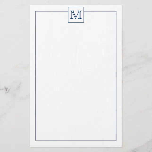 Simple Navy Blue Initial Monogram Square border Stationery | Zazzle