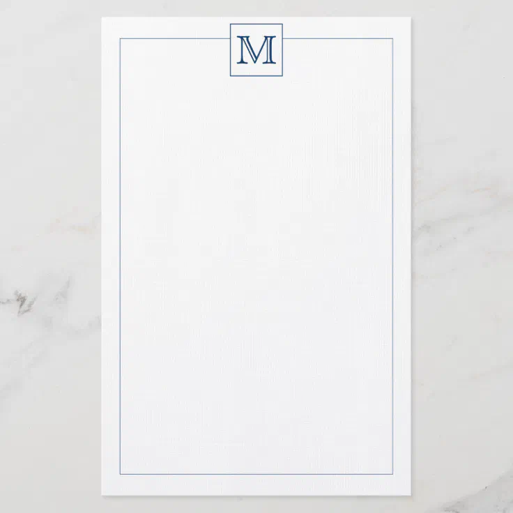 Simple Navy Blue Initial Monogram Square border Stationery | Zazzle