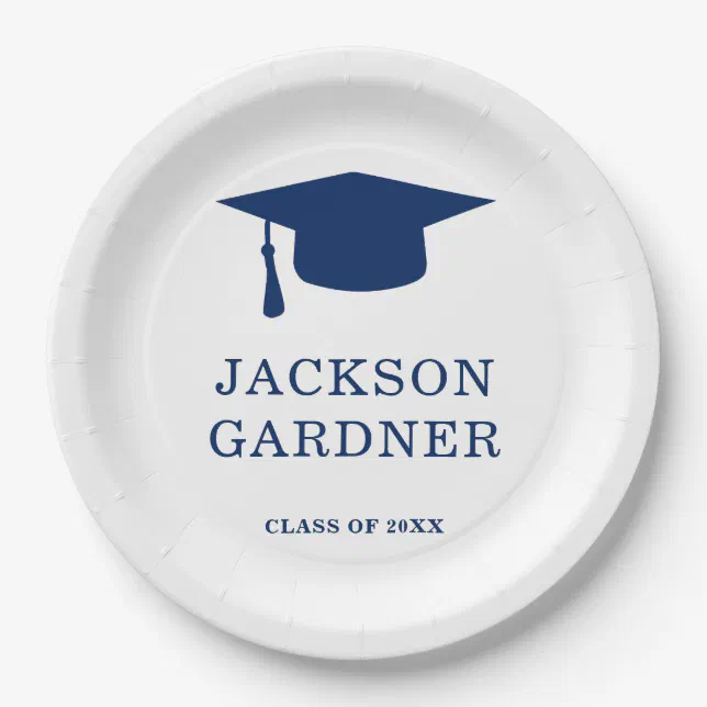Simple Navy Blue Mortar Board Modern Graduation Paper Plates | Zazzle
