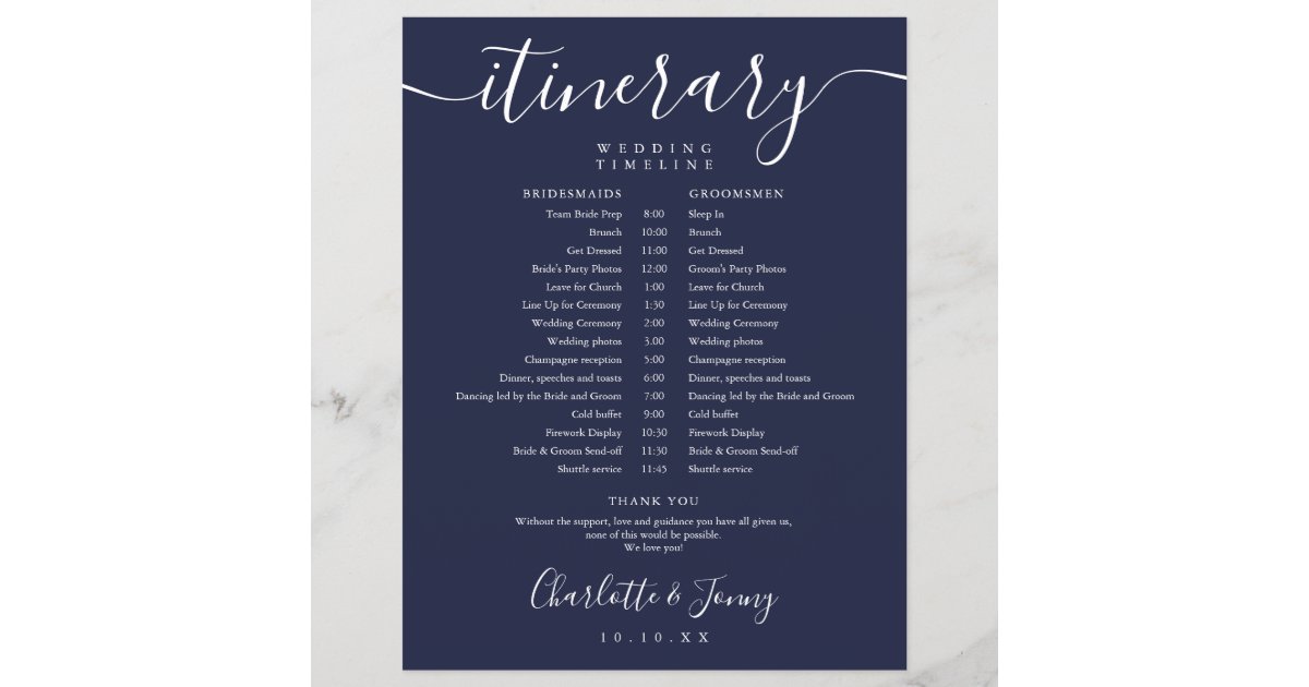 Simple Navy Blue Script Schedule Wedding Itinerary | Zazzle
