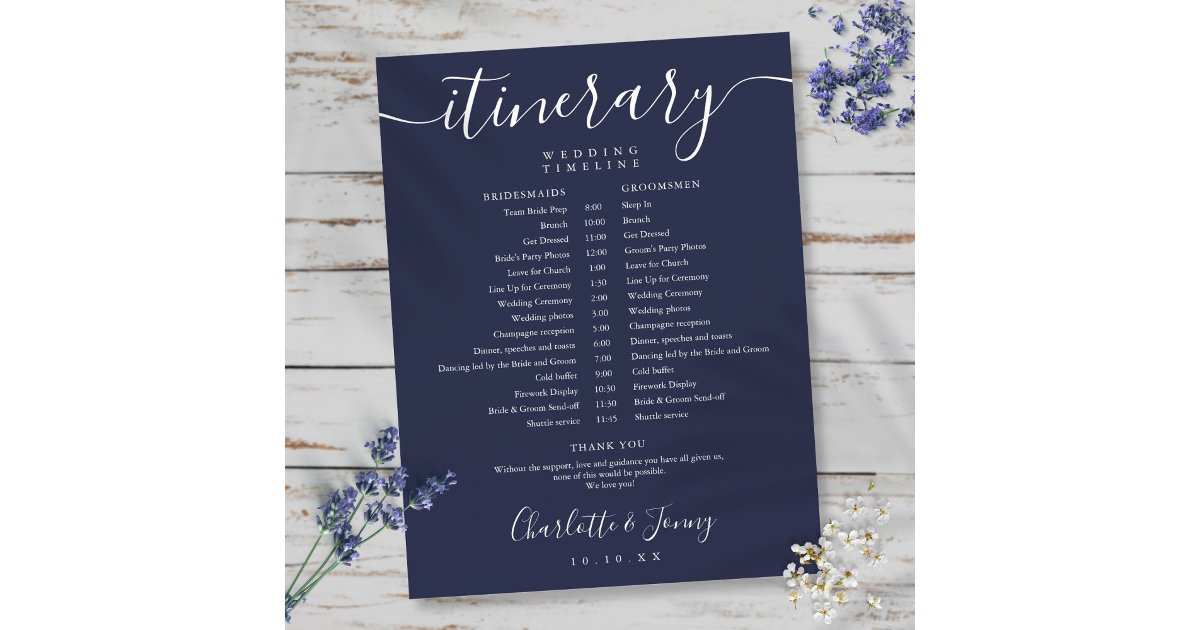 Simple Navy Blue Script Schedule Wedding Itinerary | Zazzle