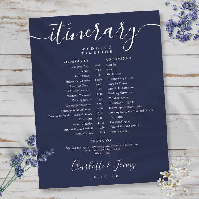 Simple Navy Blue Script Schedule Wedding Itinerary | Zazzle