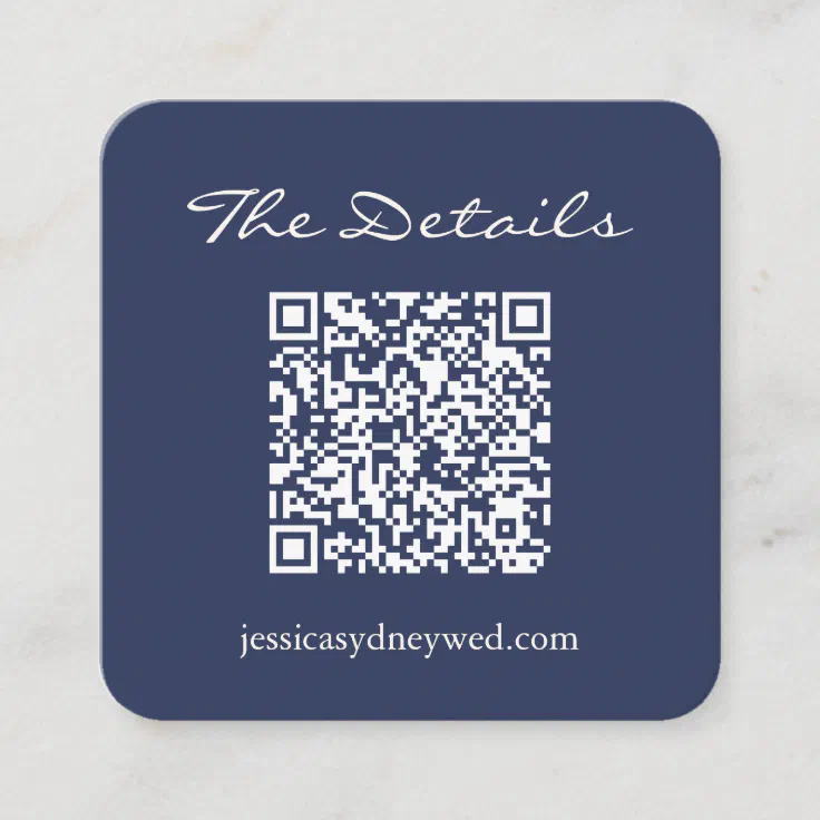 Simple Navy Blue Script Wedding Details QR Code Enclosure Card | Zazzle