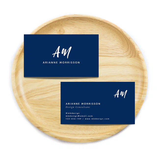 Simple Navy Blue Two Monogram Casual Script Business Card | Zazzle