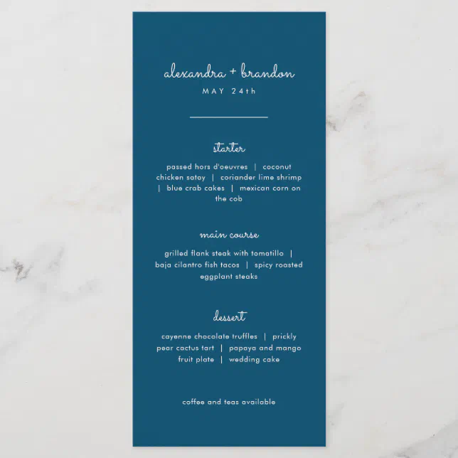 Simple Navy Blue Wedding Menu | Zazzle