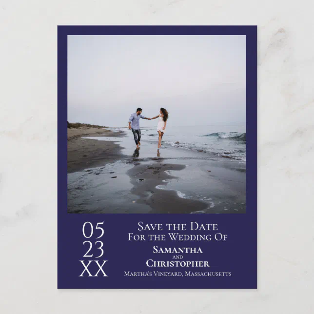 Simple Navy Blue Wedding Save the Date Photo Postcard | Zazzle