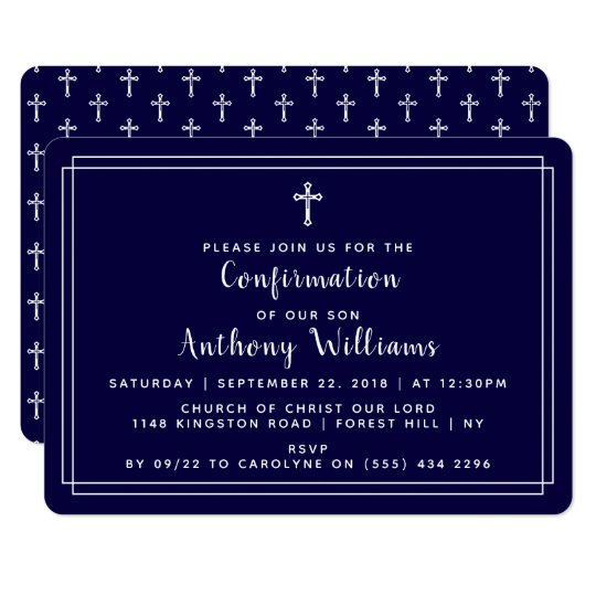 Simple Navy Blue & White Holy Cross Confirmation Invitation | Zazzle.com