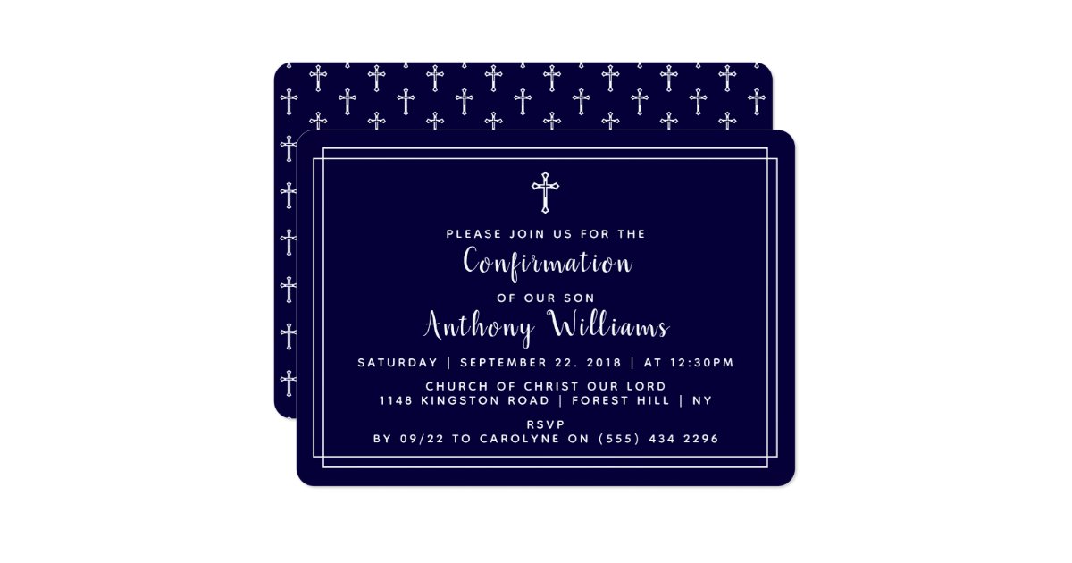 Simple Navy Blue & White Holy Cross Confirmation Invitation | Zazzle.com