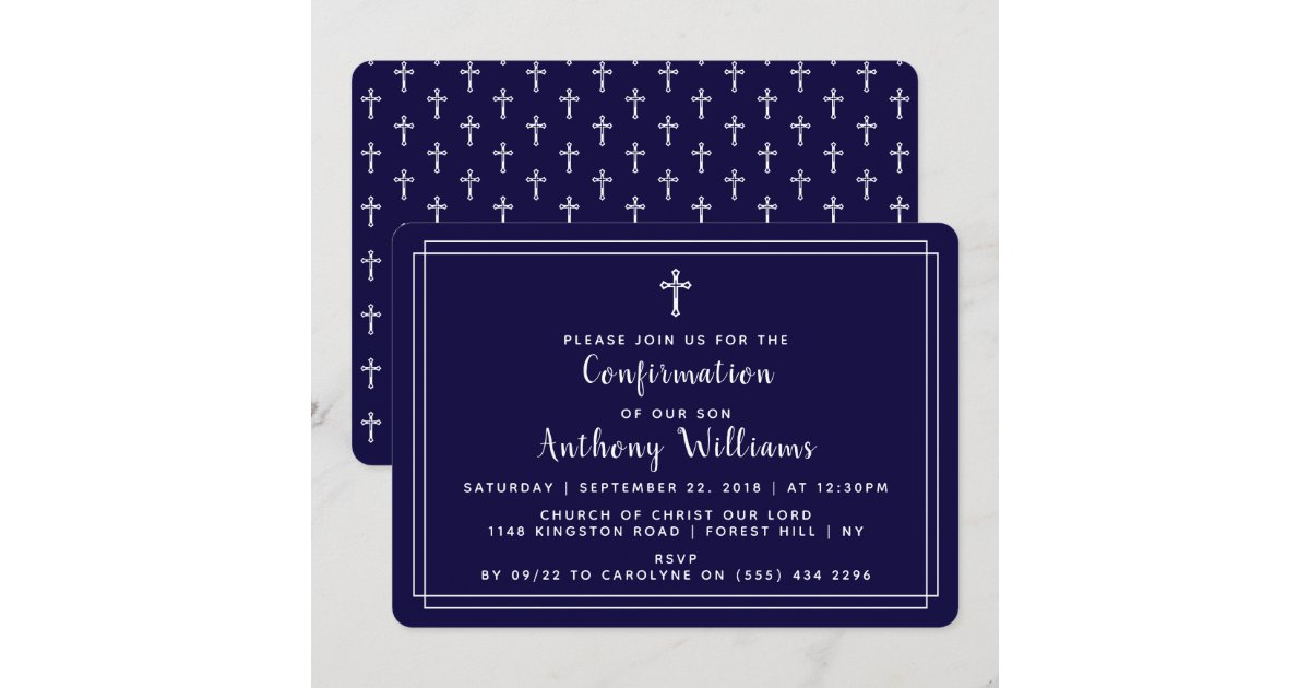Simple Navy Blue & White Holy Cross Confirmation Invitation | Zazzle
